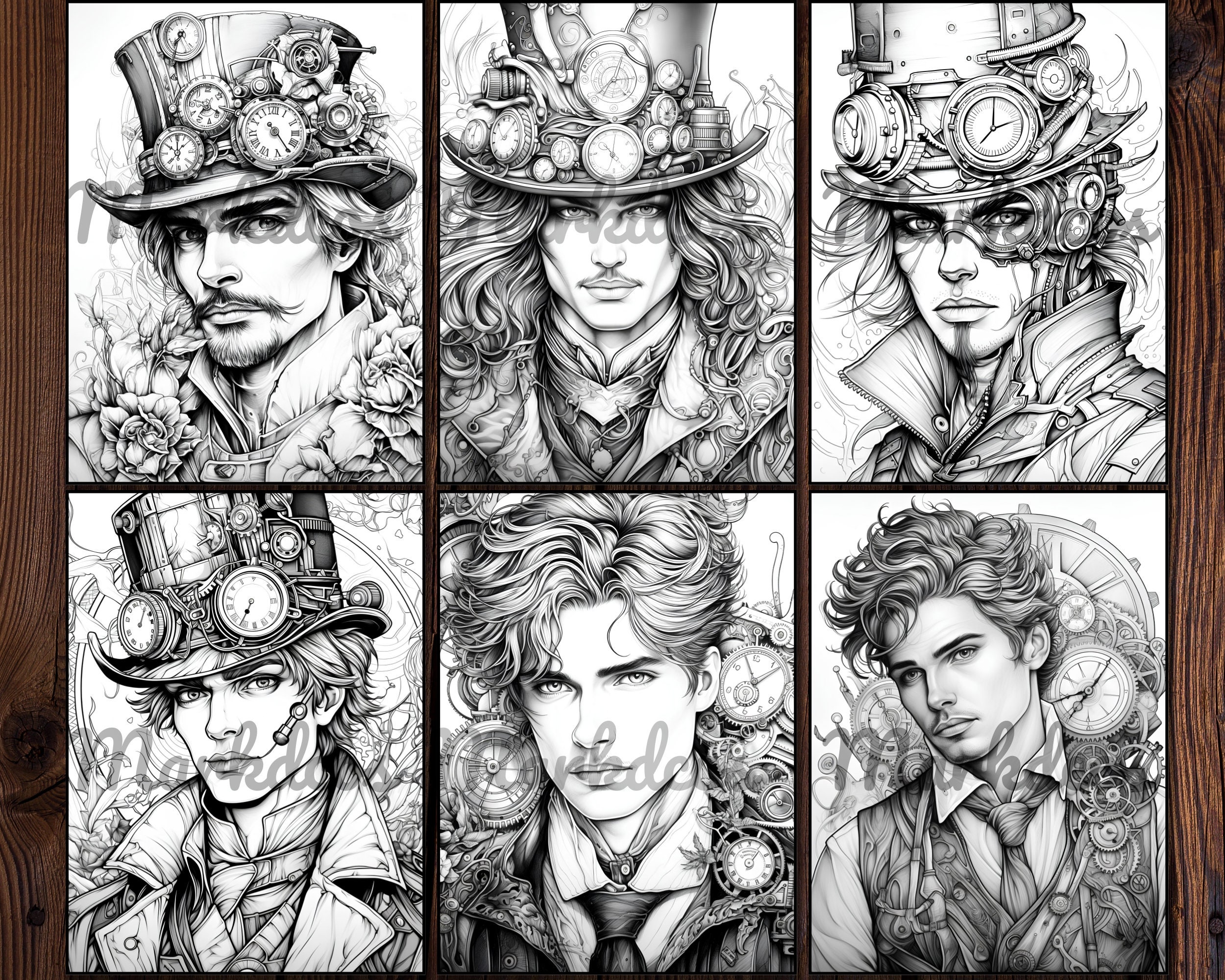 70 Steampunk Men Coloring Book, Adults & Kids Coloring Pages, Grayscale ...