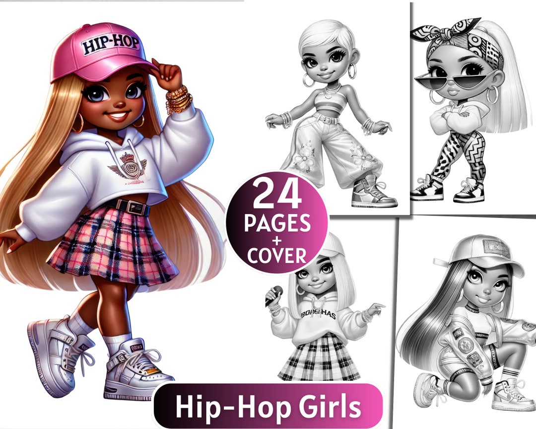 24 Hip Hop Girls Coloring Book | Grayscale Coloring Book for Adults and ...