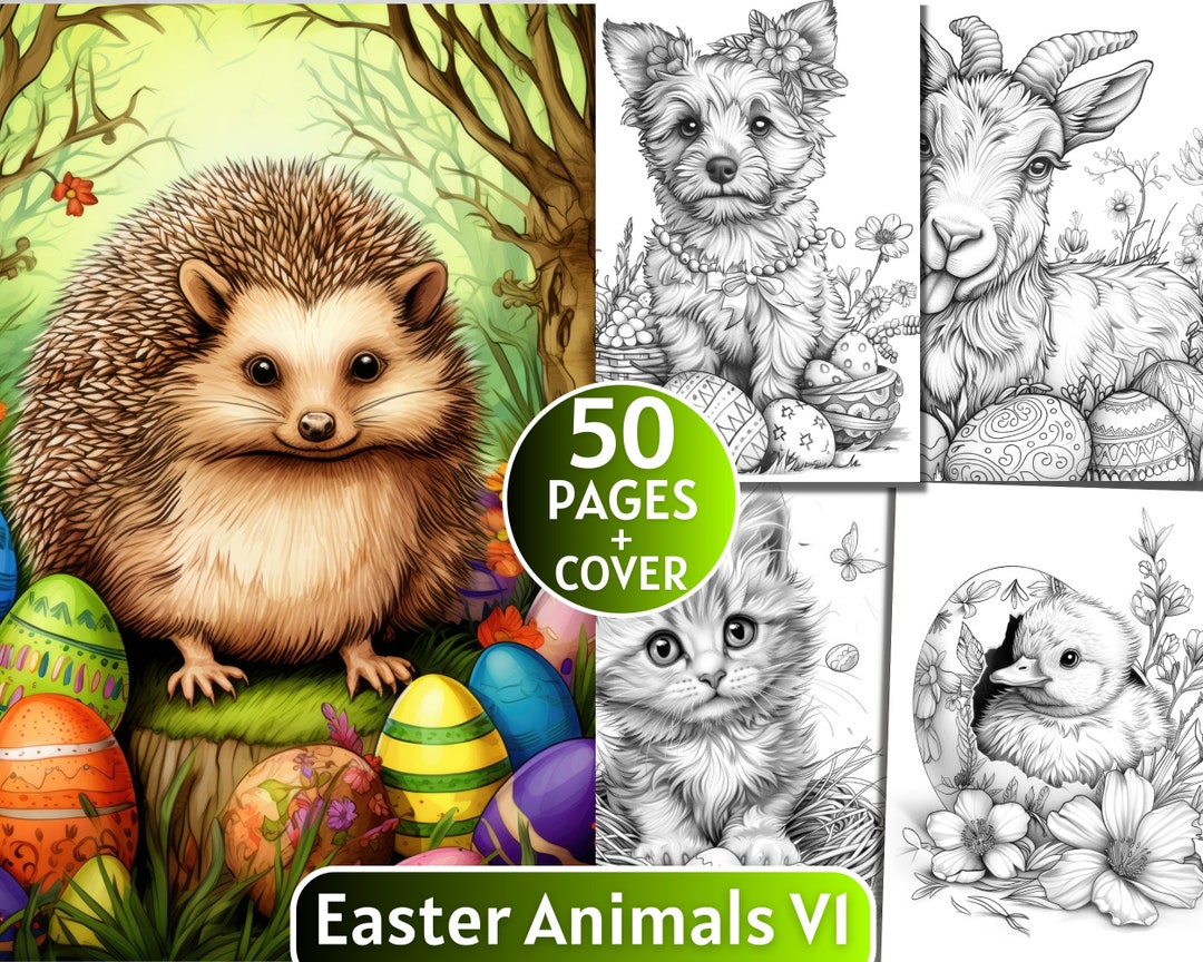 50 Easter Animals V1 Coloring Book, Grayscale Coloring Book for Adults ...
