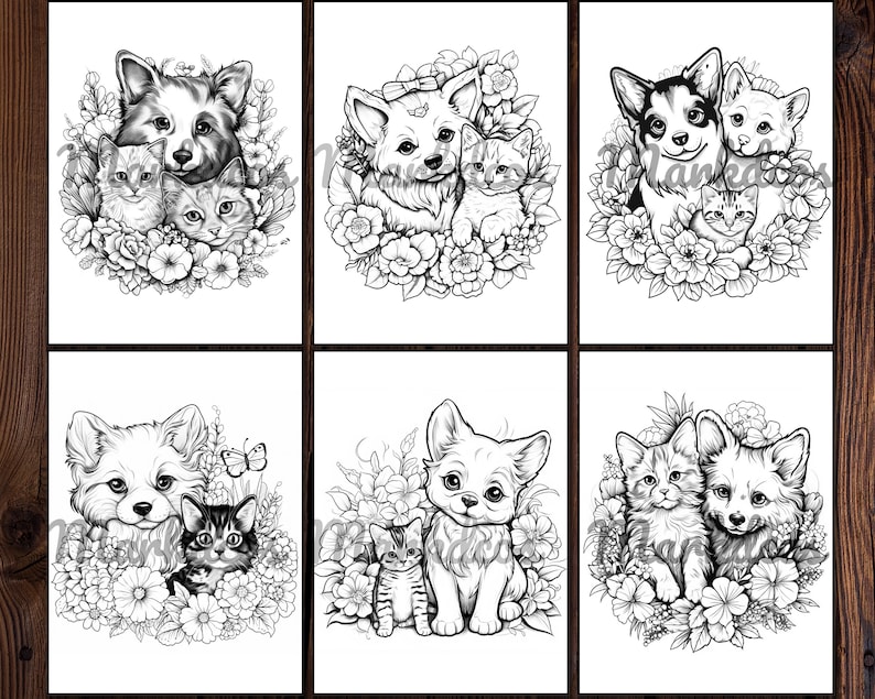 30 Cute Dog and Cat Coloring, Adults & Kids Coloring Pages, Grayscale ...