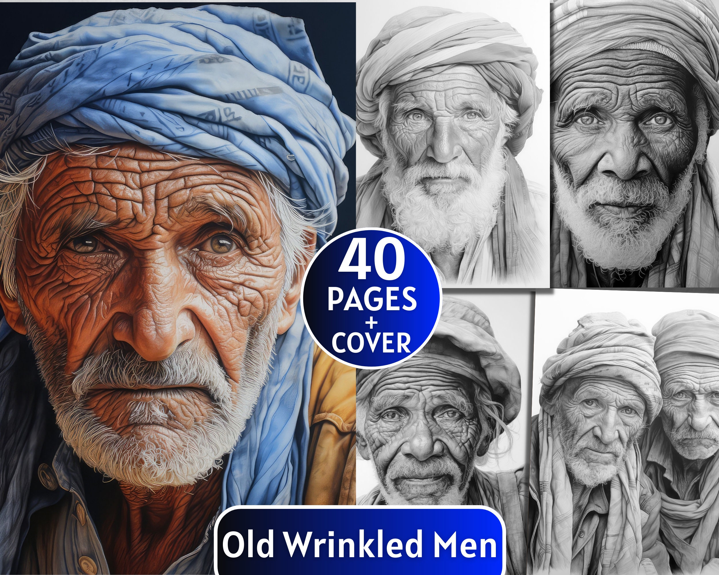 40 Old Wrinkled Men Coloring Book, Grayscale Coloring Book for Adults ...