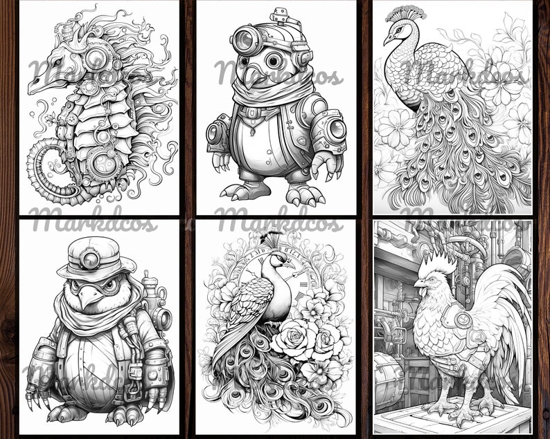 30 Steampunk Animals Coloring Book, Adults Kids Coloring Pages, Digital ...