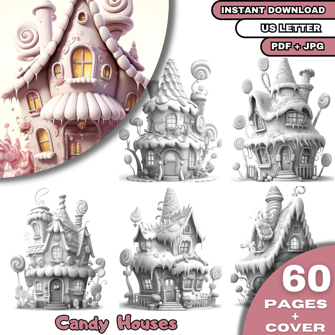 60 Candy Houses Coloring Book, Adults & Kids Coloring Pages, Grayscale ...