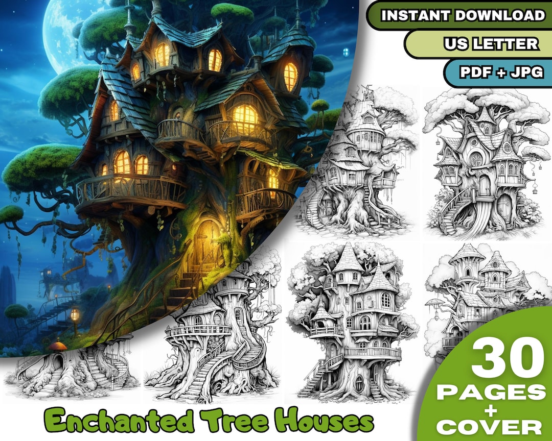 30 Enchanted Tree Houses Coloring, Adults + Kids Coloring Pages ...