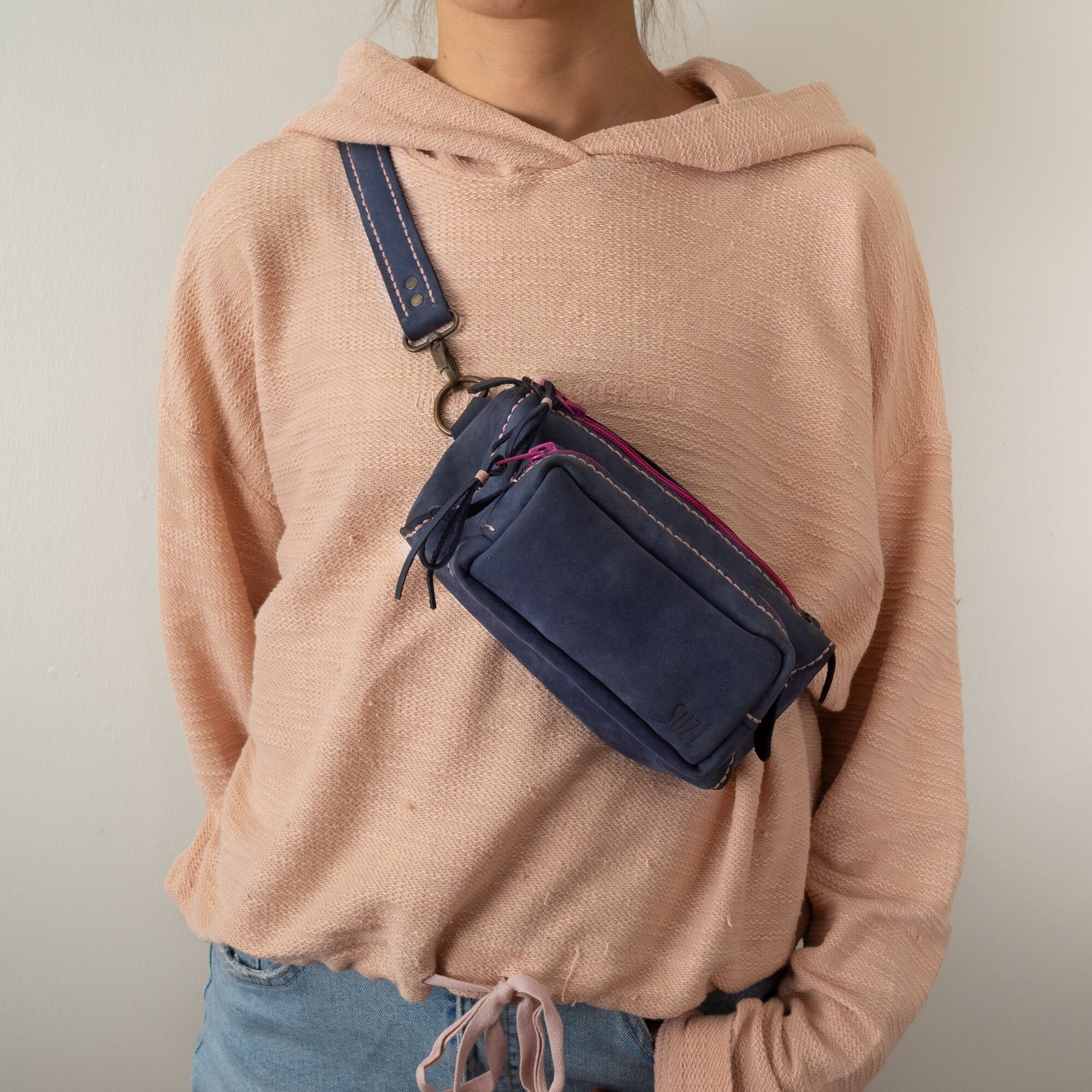 Small Blue Suede Leather Waist Bag Shoulder and Cross Body, Minimalist ...