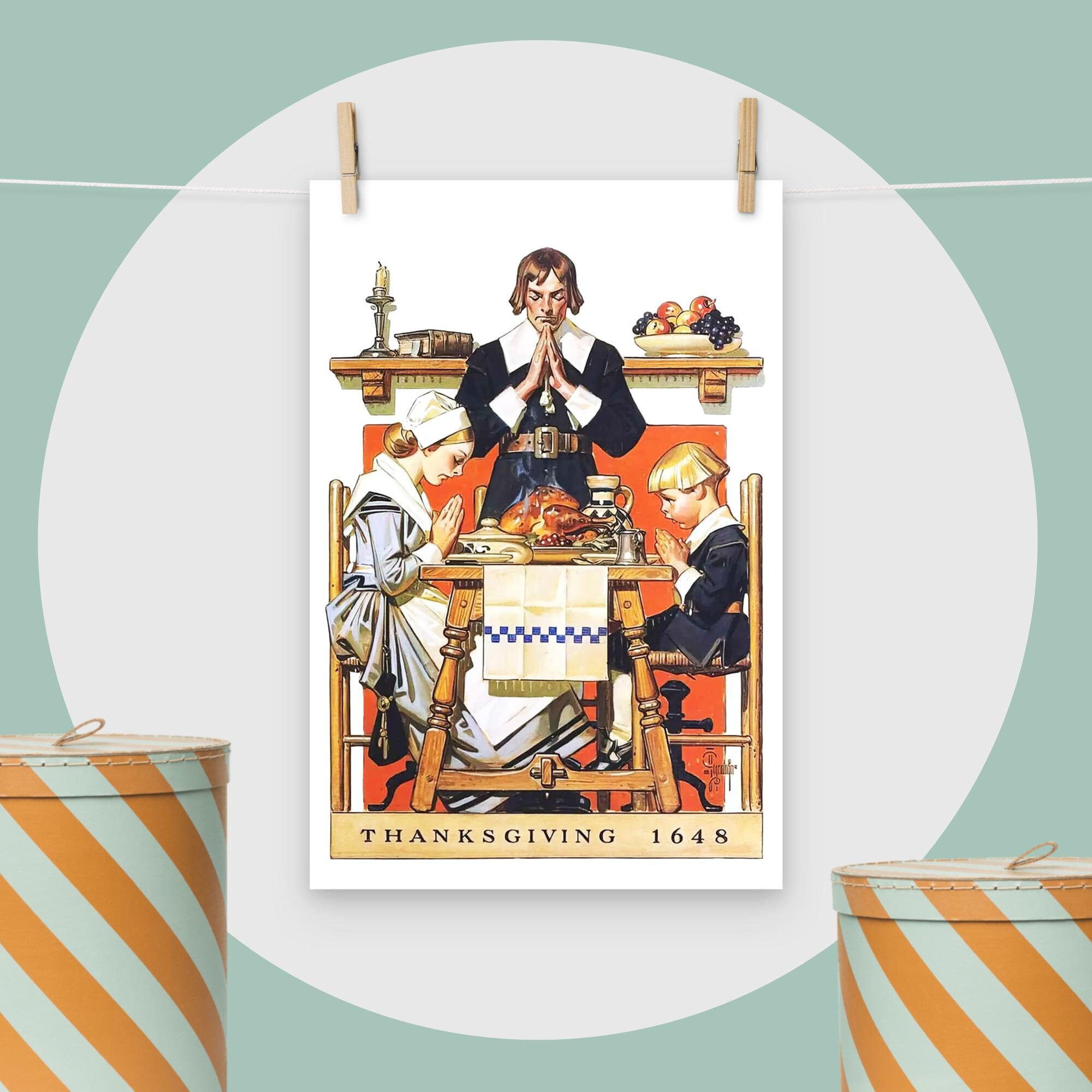 Vintage Thanksgiving Poster, Family Praying Thanksgiving Retro Wall Art ...