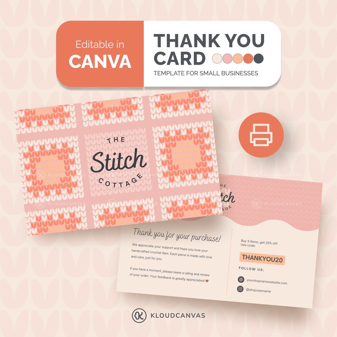 Thank You Card Template, Etsy Seller Small Business, DIY Custom ...