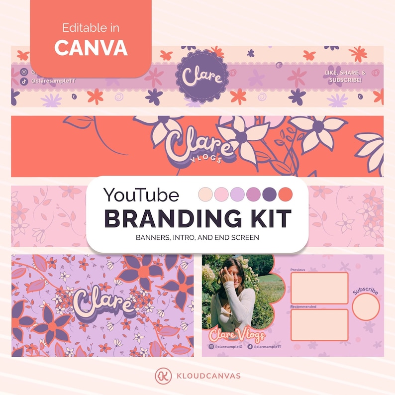 Youtube Branding Kit Purple Flowers, Brand Kit for Content Vlogger, YT ...