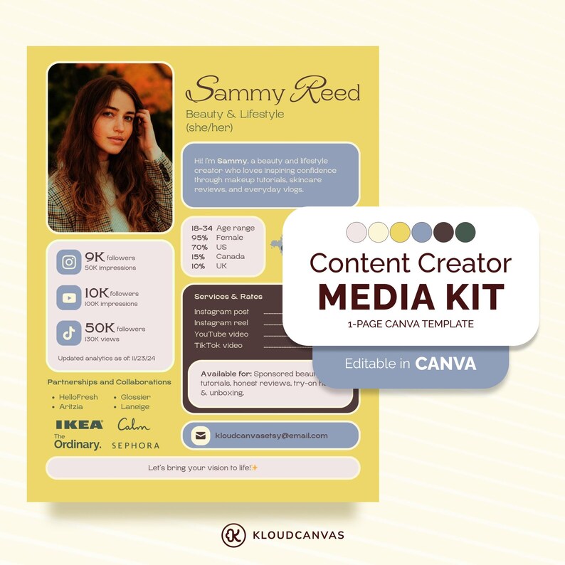 1-page Influencer Media Kit Template for UGC Content Creator, Social Media, Instagram Youtube ...