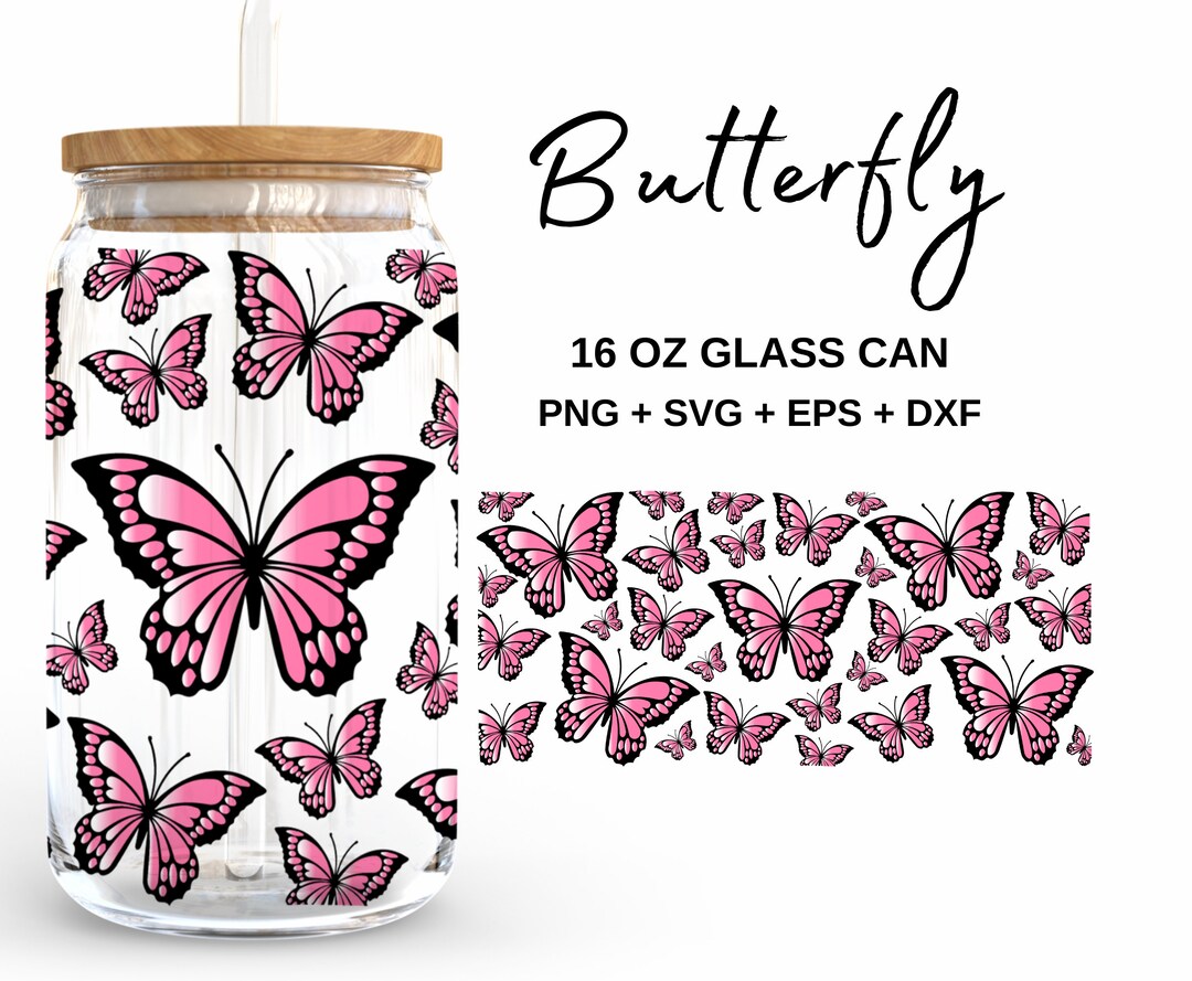 Pink Butterfly - 16oz Glass Can Svg, Libbey Glass Can Wrap, Svg Files ...