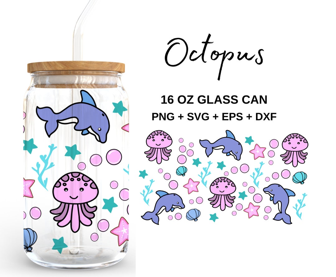 Octopus - 16oz Glass Can Svg, Libbey Glass Can Wrap, Svg Files for ...