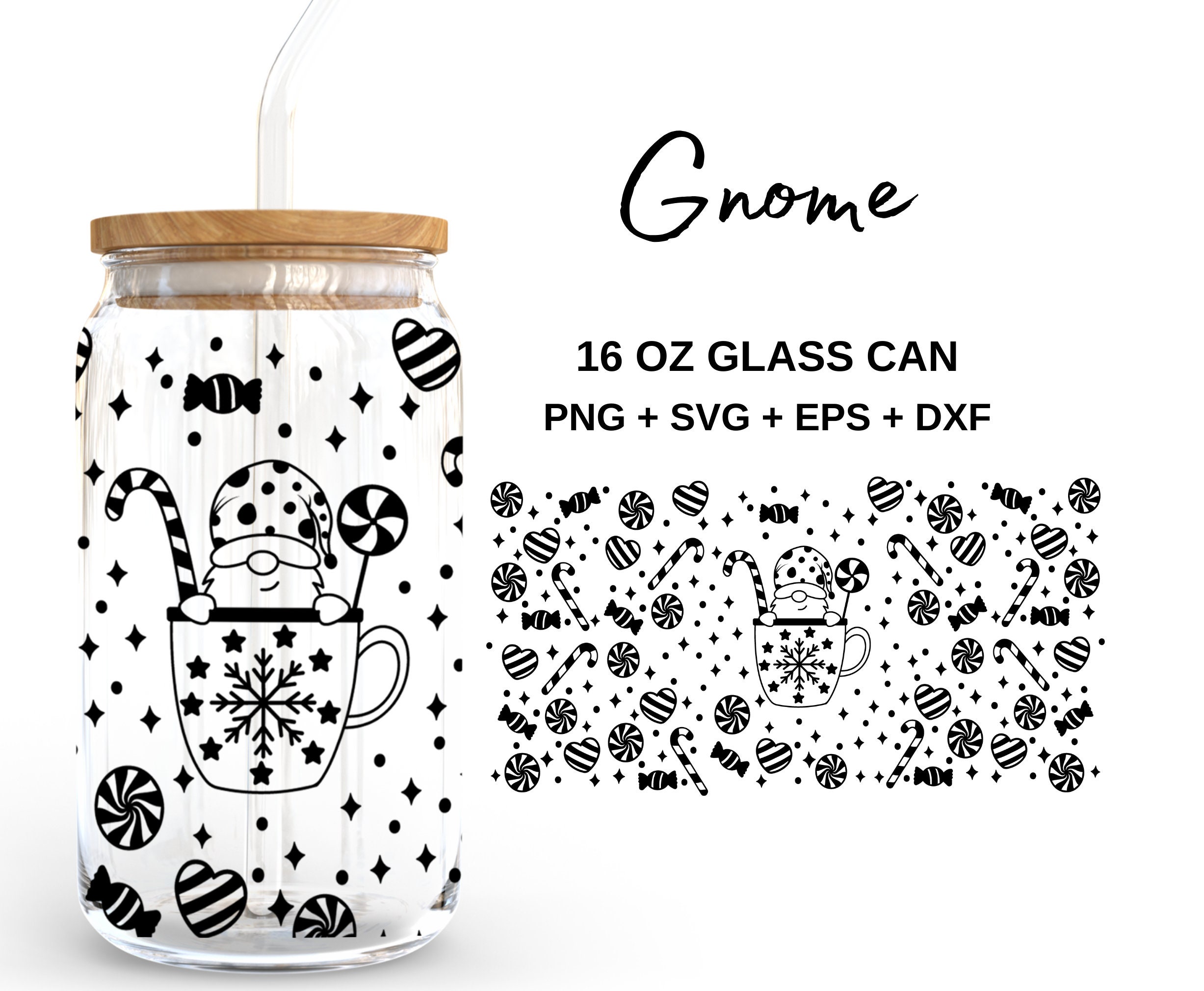 Gnome 16oz Glass Can Svg, Libbey Glass Can Wrap, Svg Files for Cricut ...