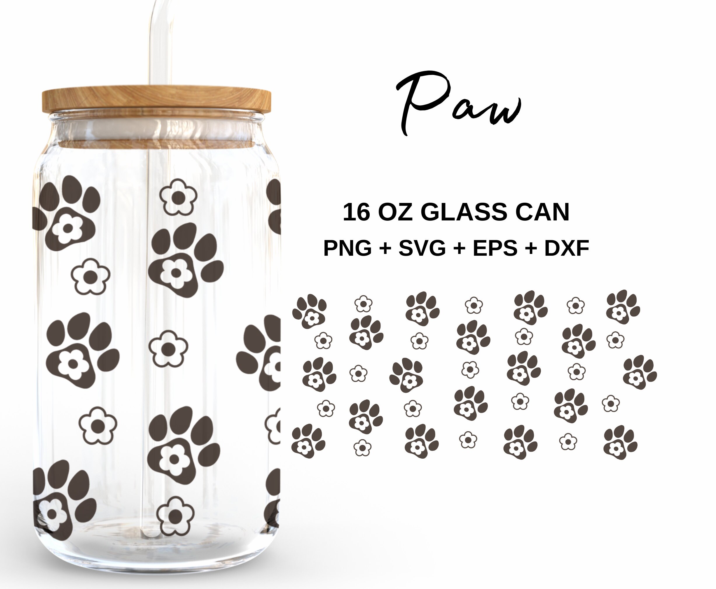 Paw 16oz Glass Can Svg, Libbey Glass Can Wrap, Svg Files for Cricut ...