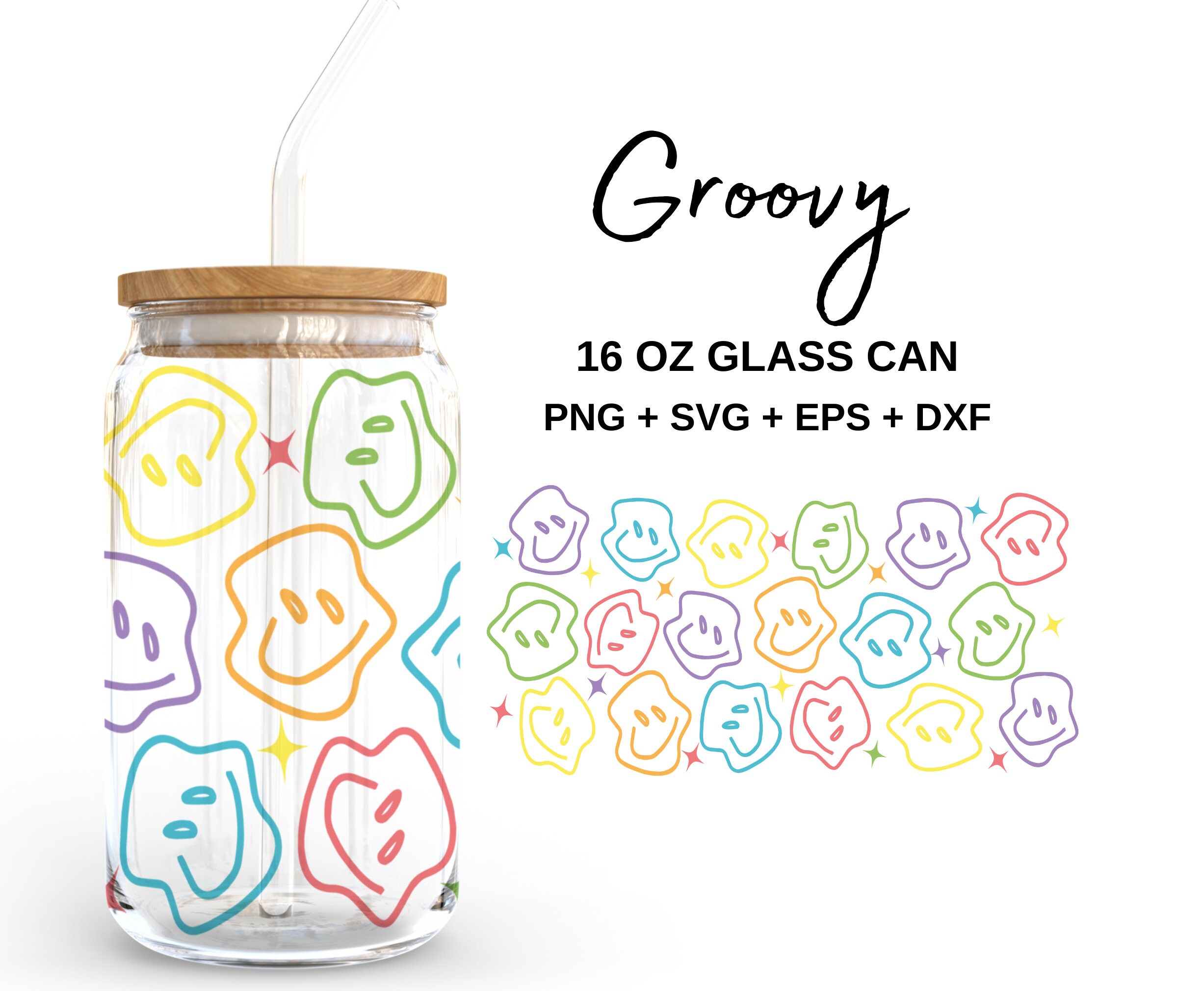 Groovy Smile 16oz Glass Can Svg, Libbey Glass Can Wrap, Svg Files for ...