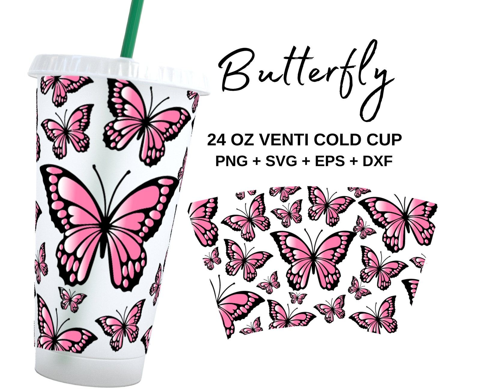 Pink Butterfly Svg 24oz Venti Cold Cup Svg, Cold Cup Wrap, Svg Files ...