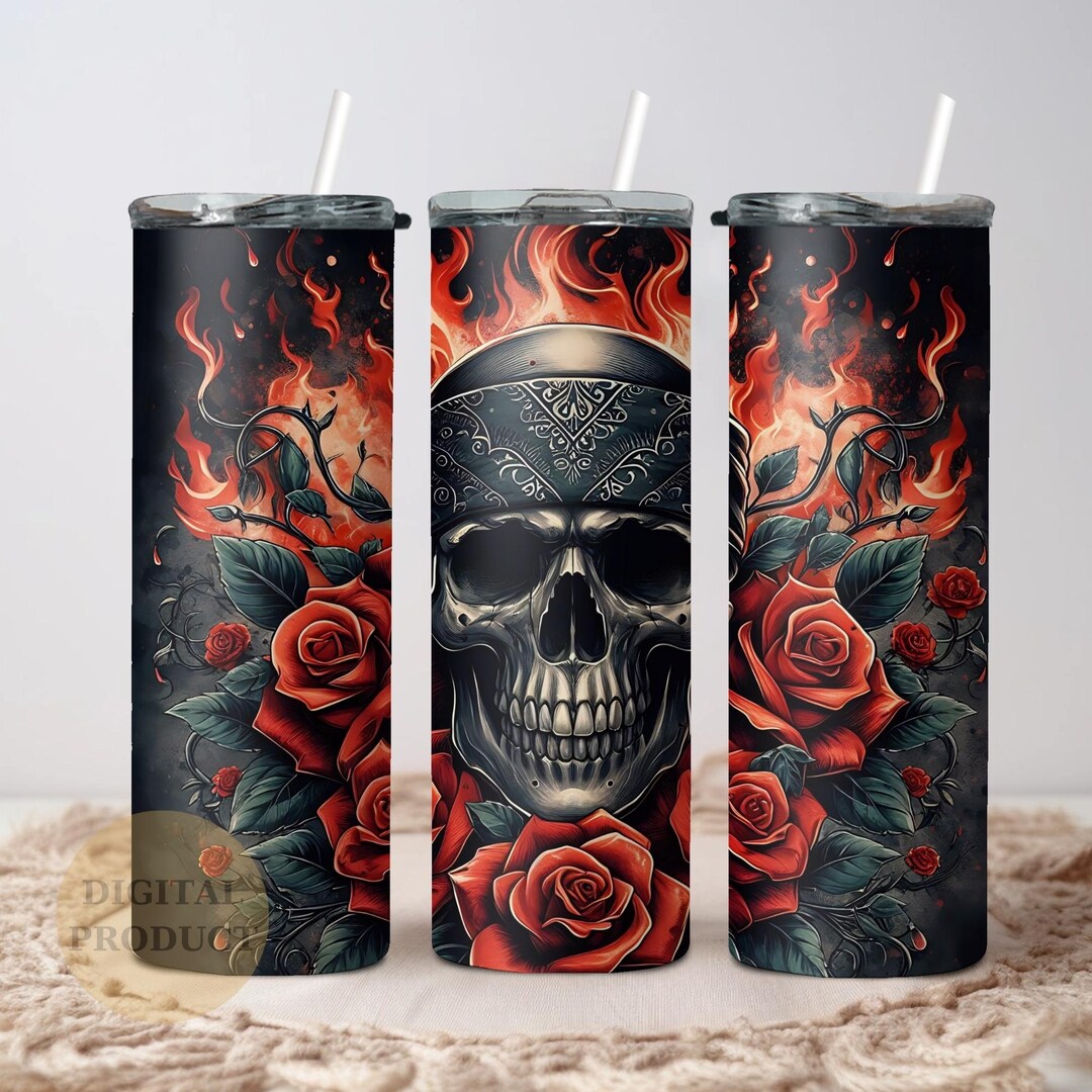 Skull 20oz Tumbler Wrap Png, Skull With Red Roses, Skull Sublimation ...