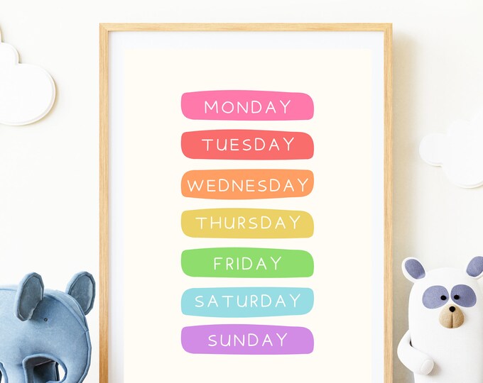 Rainbow Days of the Week, Playroom Educational Poster, Rainbow Nursery ...