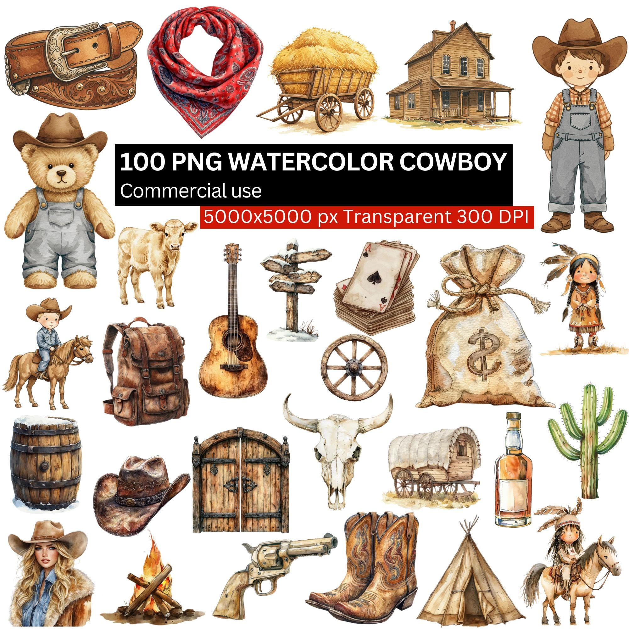 Cowboy Clipart PNG Bundle, 100 Watercolor Western Graphics, Hats, Boots ...