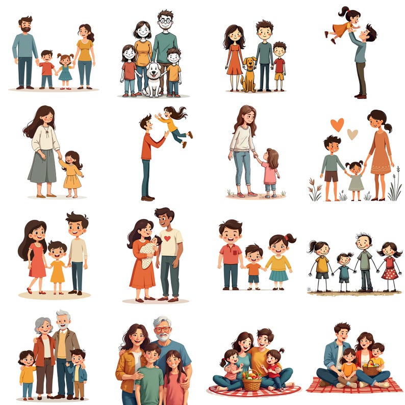 Family Stick Figure Clipart, 50 PNG Cartoon Parents Kids Illustrations ...
