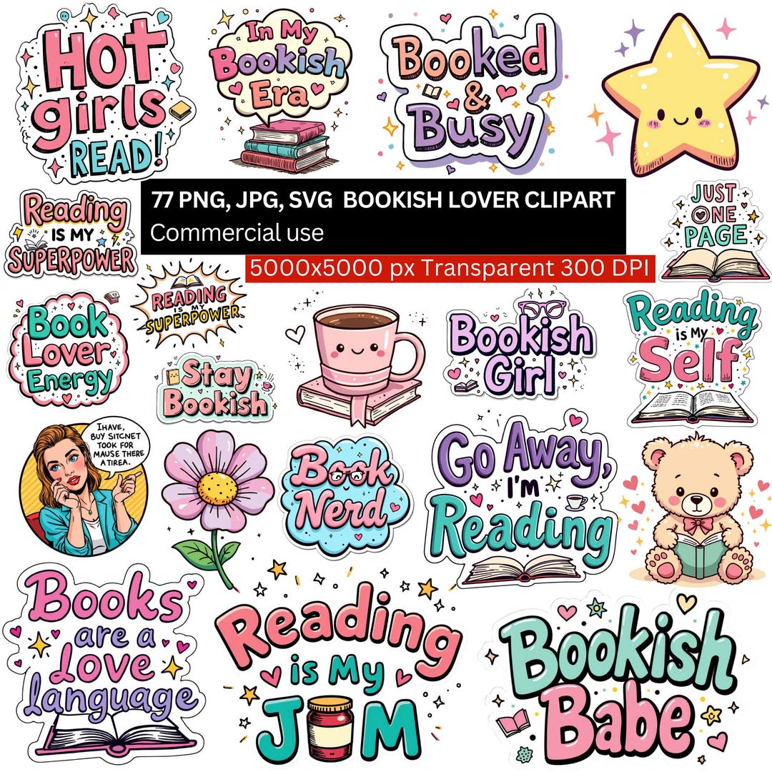 Bookish Lover Clipart, Reading Quote PNG Bundle, Book Nerd SVG, Book ...