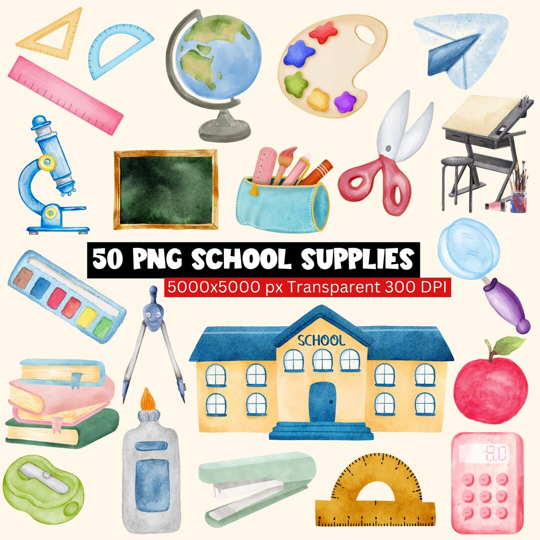 50 PNG School Supplies Clipart, Watercolor Classroom Clipart, Teacher ...