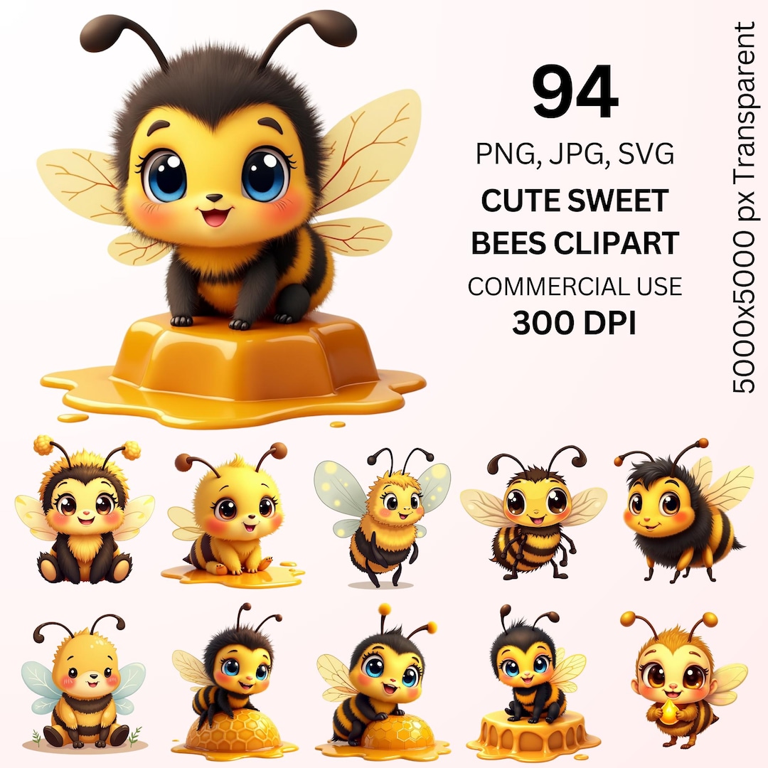 Cute Baby Bee Clipart Bundle, Sweet Baby Bees PNG SVG JPG, Kawaii Honey ...