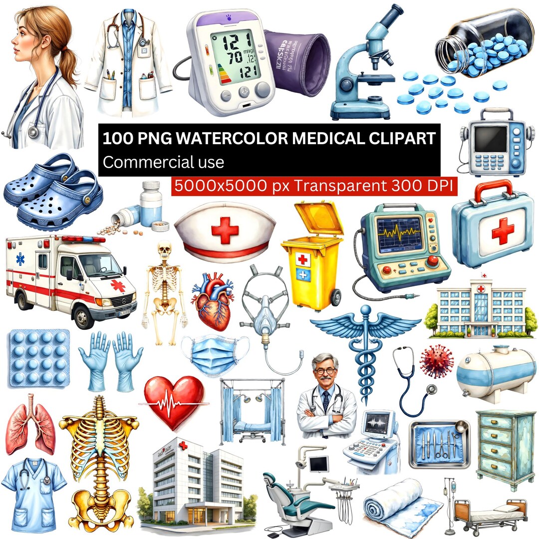 Watercolor Medical Clipart Bundle, 100 PNG Doctor, Nurse, Anatomy ...