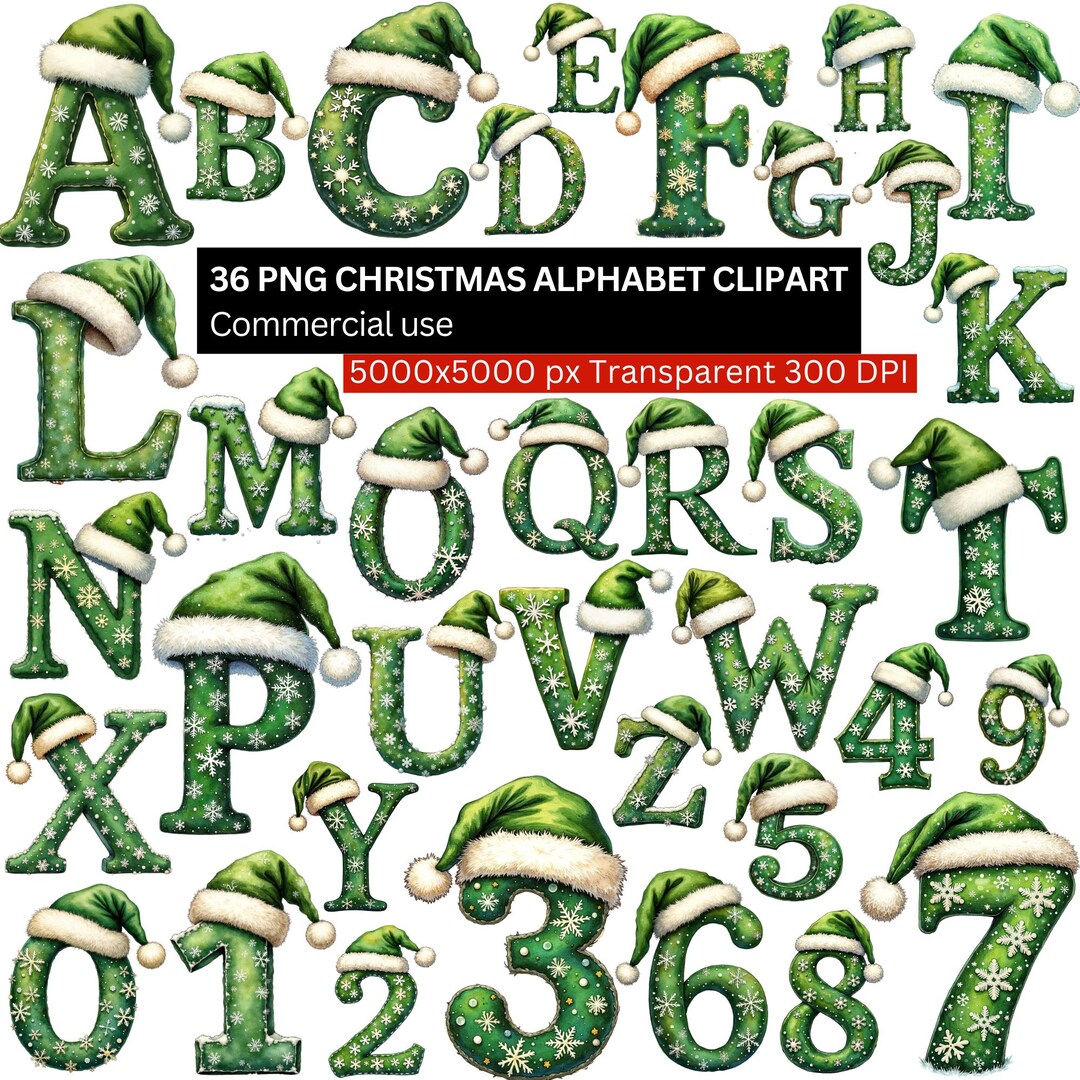 36 PNG Green Christmas Alphabet Clipart, Santa Hat Letters & Numbers ...