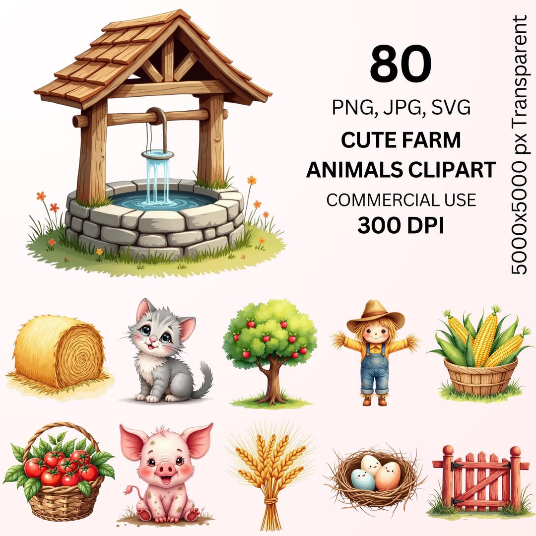 Cute Farm Animals Clipart Bundle, 80 Farm PNG SVG JPG, Baby Farm ...