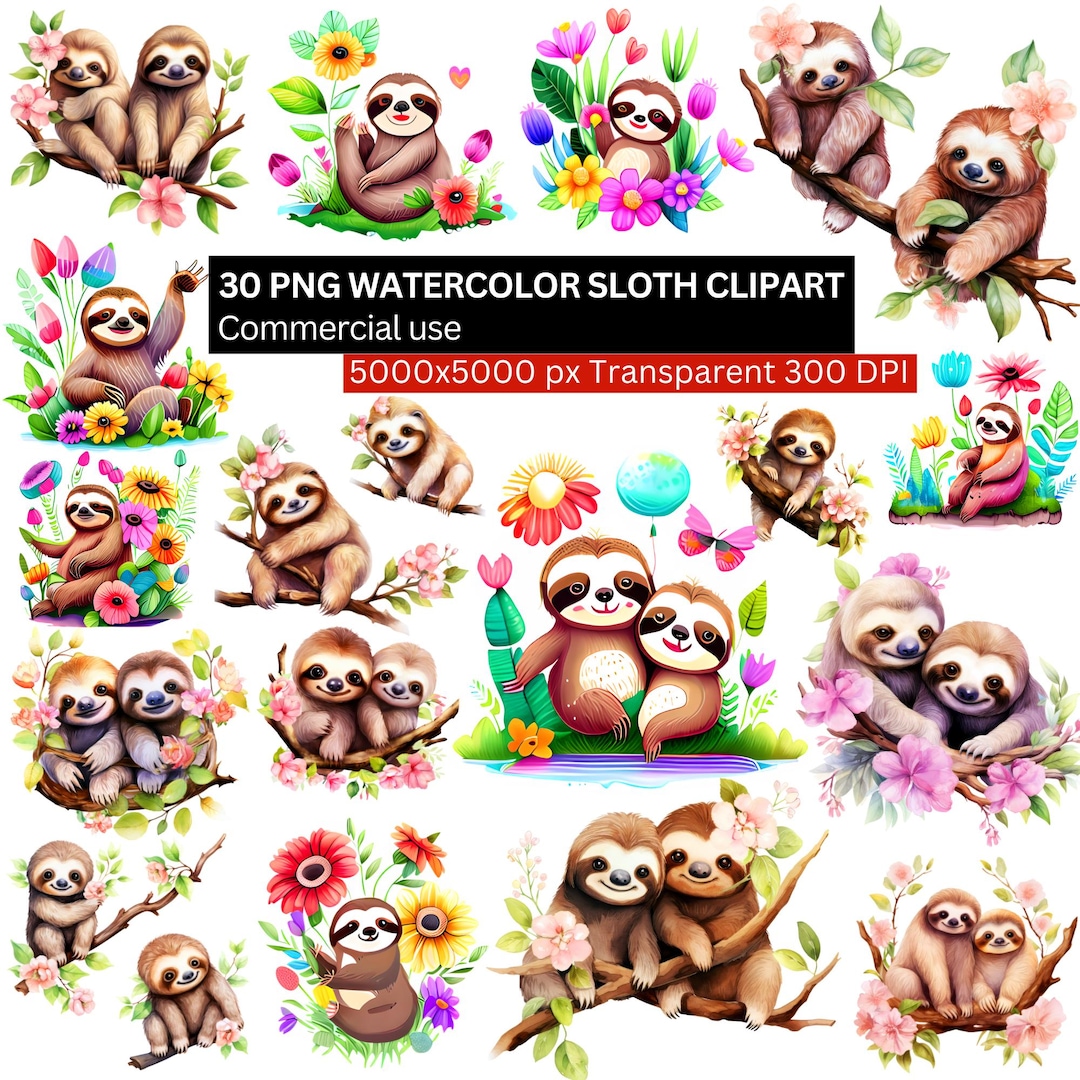 Watercolor Sloth Clipart Bundle, 30 PNG Cute Sloth Illustrations With ...