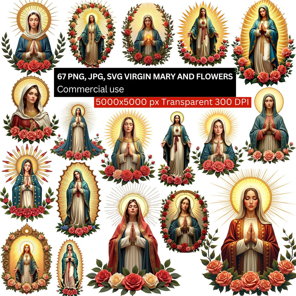67 Virgin Mary Clipart PNG JPG SVG Bundle, Catholic Religious Art With ...