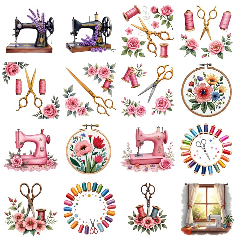 Sewing Clipart Bundle, 114 PNG Watercolor Illustrations, Vintage Sewing ...