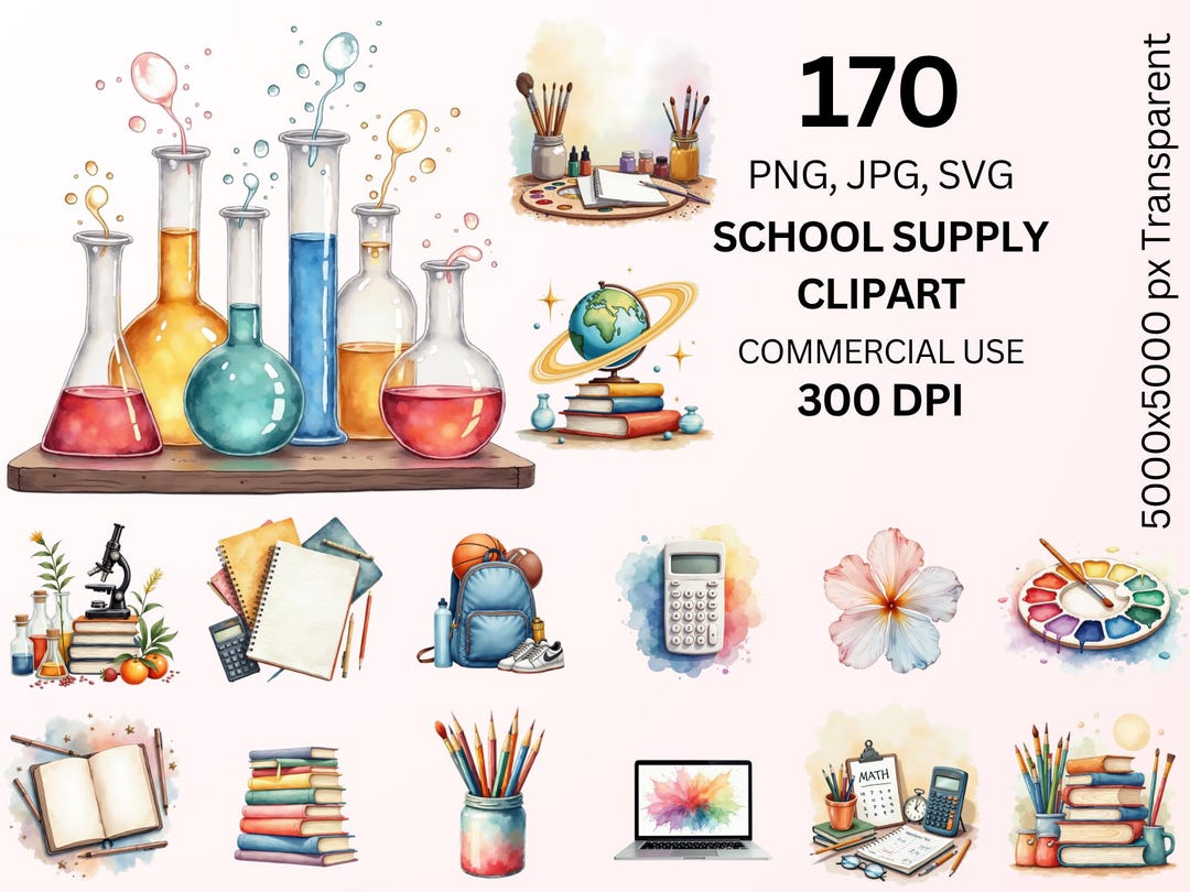 School Supply Clipart Bundle 170 PNG JPG SVG | Classroom Clipart, Back ...