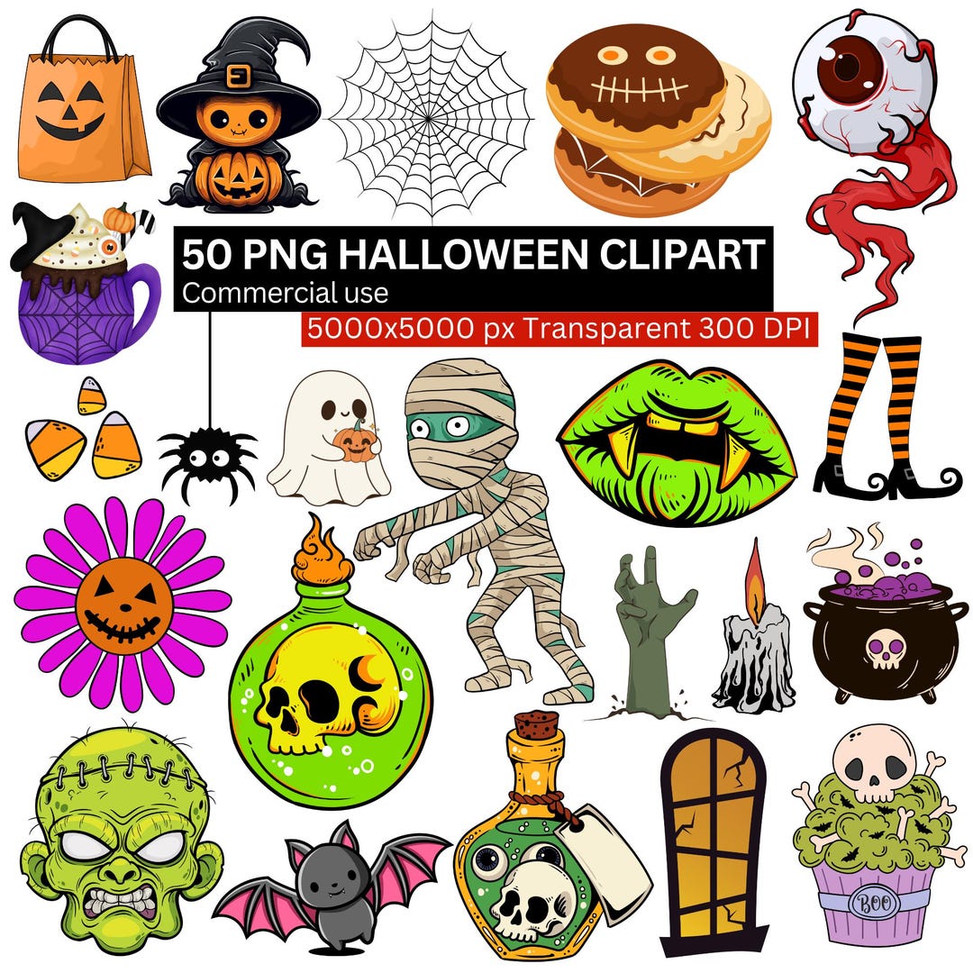 Halloween Clipart Set, 50 PNG Spooky Illustrations, Pumpkins Ghosts ...