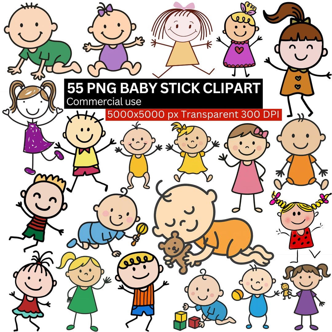 Baby Stick Figure Clipart Bundle, 55 PNG Cute Baby Stick Kids ...