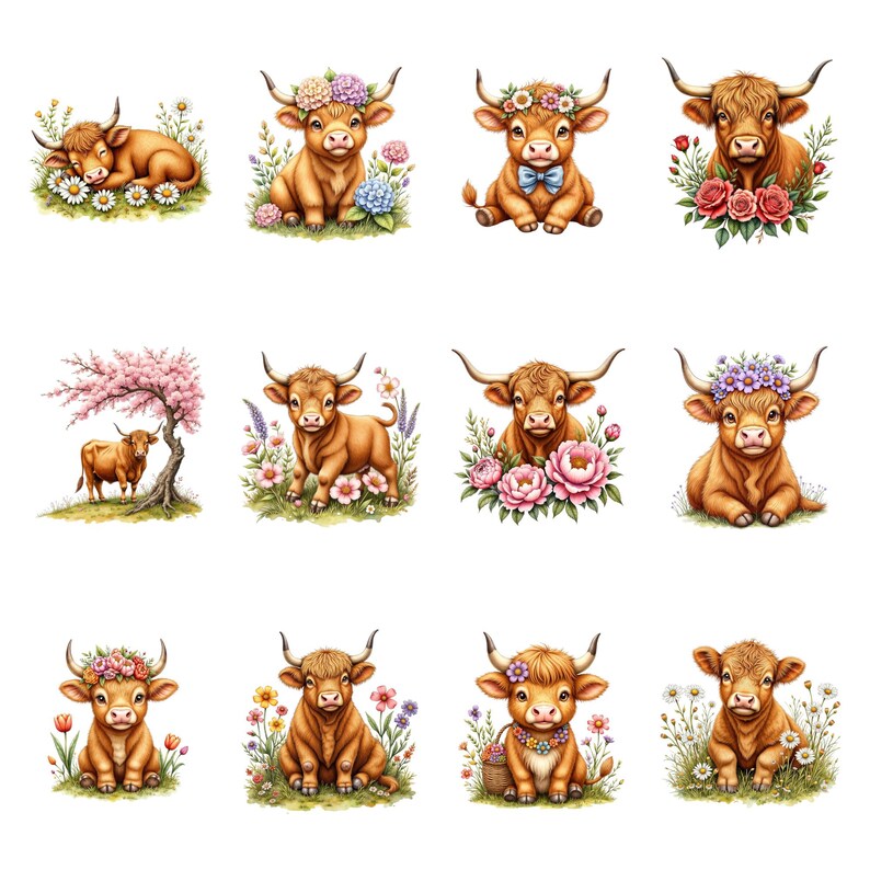 38 Highland Cow Flowers Clipart PNG, Farmhouse Country Cows, Floral ...