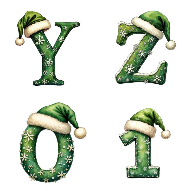 36 PNG Green Christmas Alphabet Clipart, Santa Hat Letters & Numbers ...