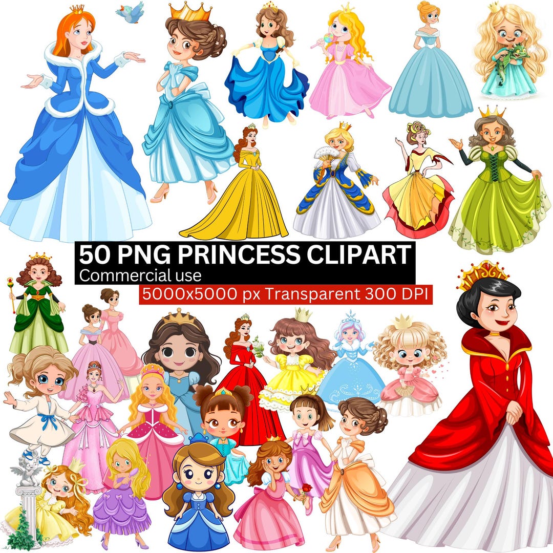 Princess Clipart Set 50 PNG, Cartoon Royal Princesses, Cute Girl Gowns ...