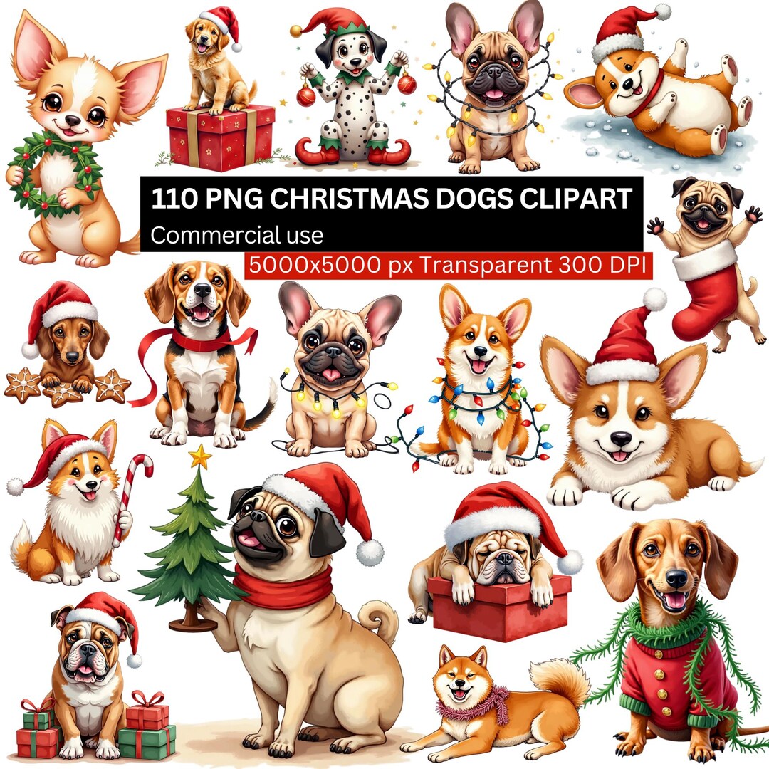 Dog Christmas Clipart Set, Cute Puppy Illustrations PNG, Holiday Pet ...