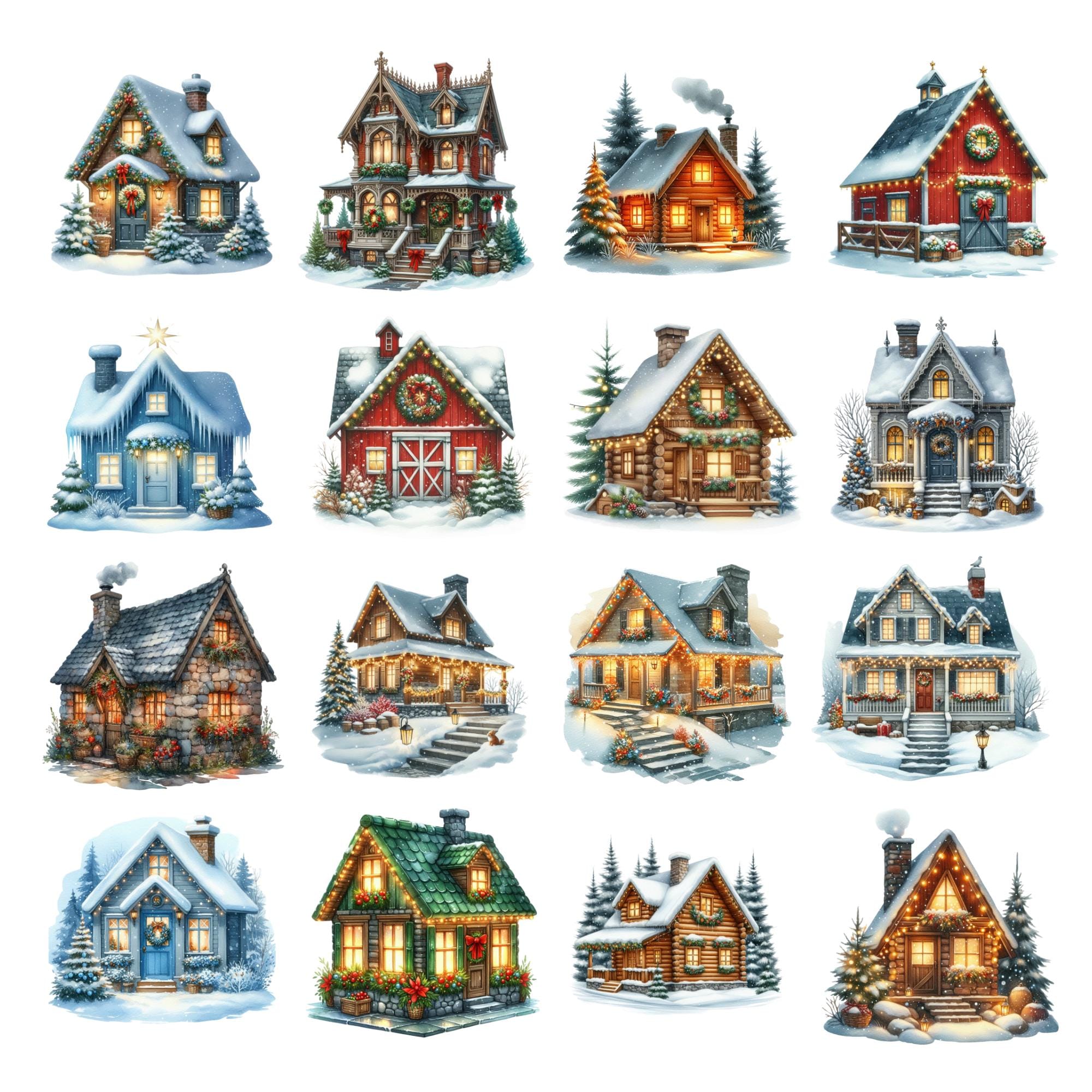 Christmas House Clipart Bundle, 100 PNG Files, Winter Holiday Cottage ...