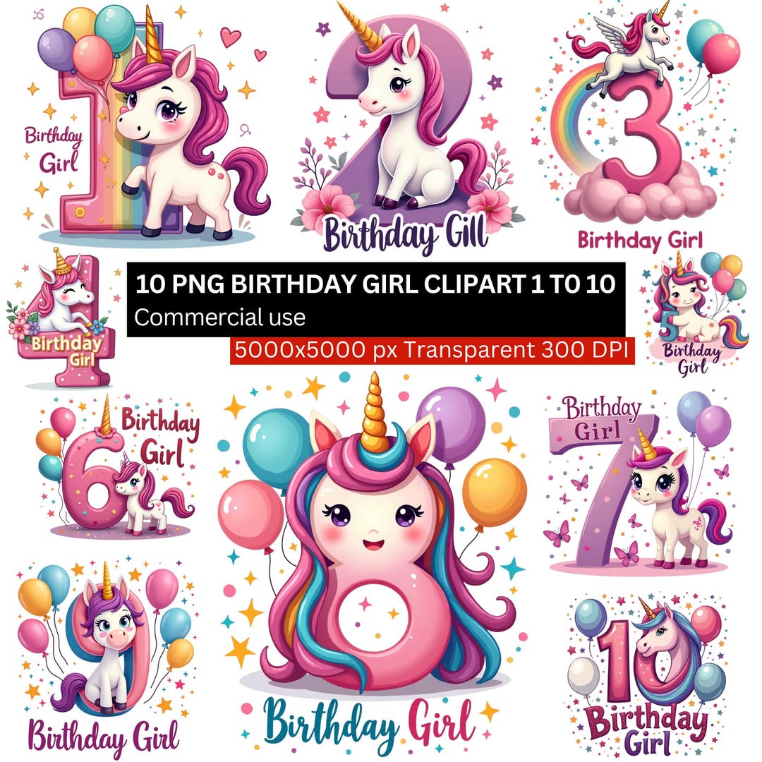 Unicorn Birthday Girl PNG Bundle, Cute Unicorn Clipart Numbers 1-10 ...