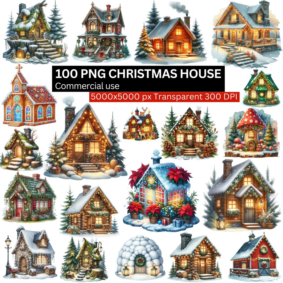 Christmas House Clipart Bundle, 100 PNG Files, Winter Holiday Cottage ...