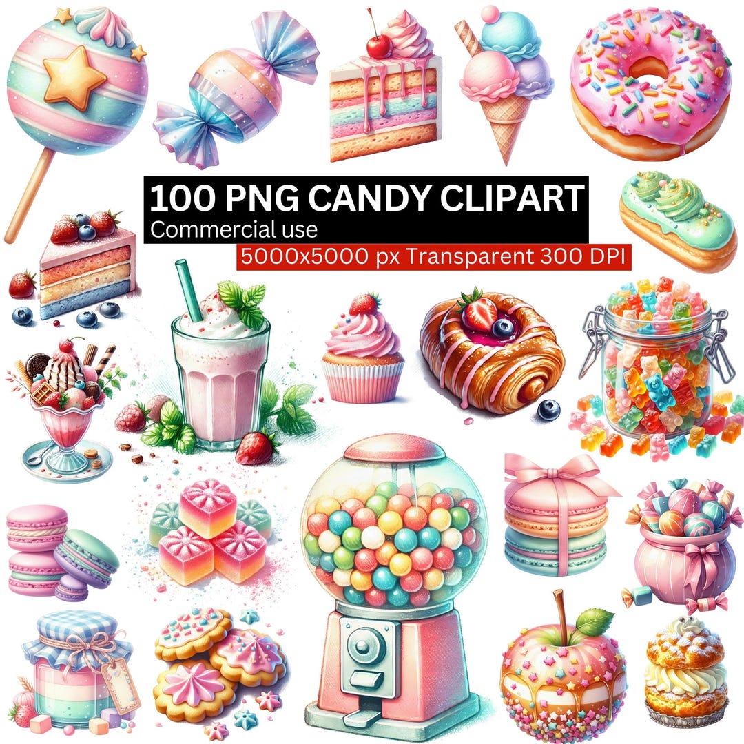 Candy & Sweets Clipart Bundle, 100 PNG Sweet Food Clipart, Cupcake ...