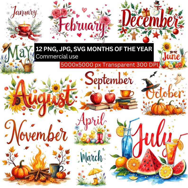 12 Months of the Year Clipart PNG JPG SVG Bundle, Seasonal Monthly Art ...