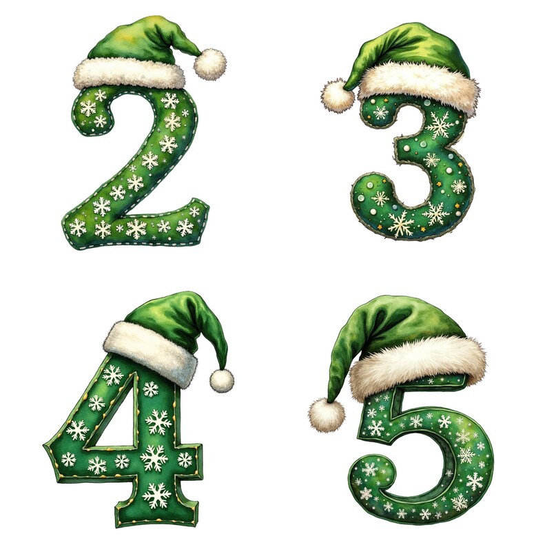 36 PNG Green Christmas Alphabet Clipart, Santa Hat Letters & Numbers ...