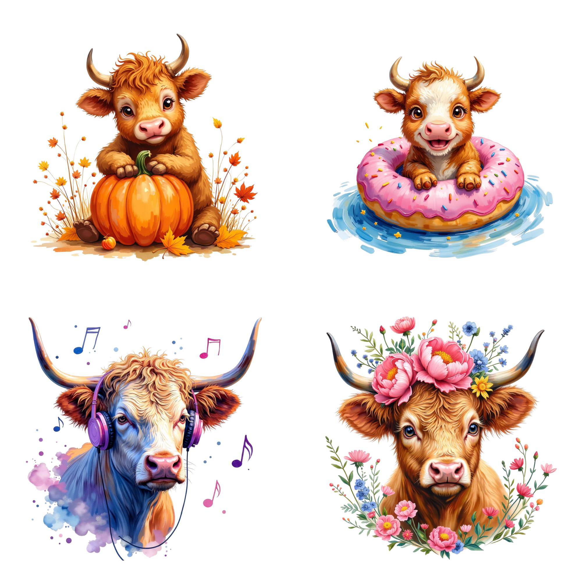25 Highland Cow Clipart, Cute Cow PNG Bundle, Baby Cow Watercolor ...