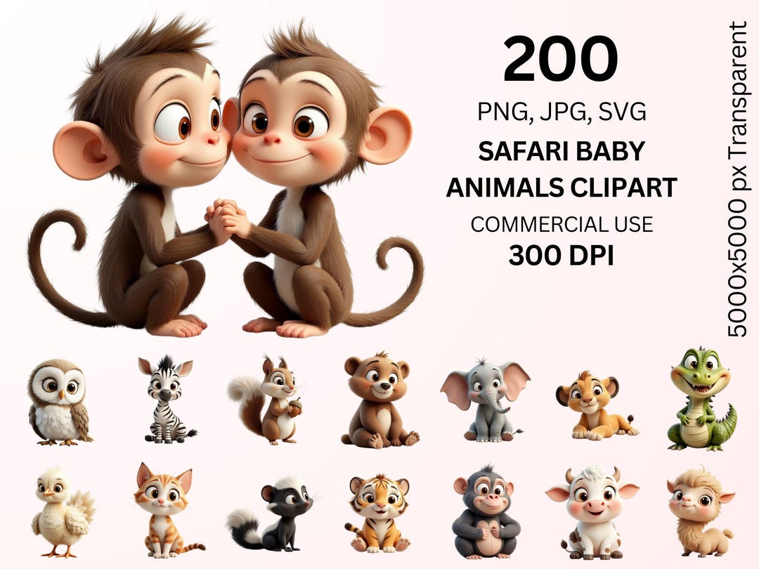 Safari Baby Animals Clipart Bundle, Cute Jungle Animals PNG SVG JPG ...