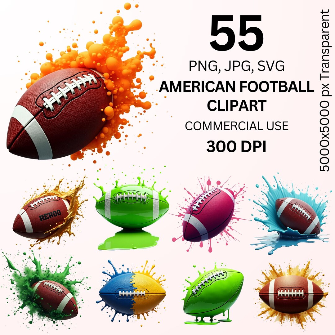 American Football Clipart Bundle, 55 Football PNG JPG SVG, Splash Paint ...