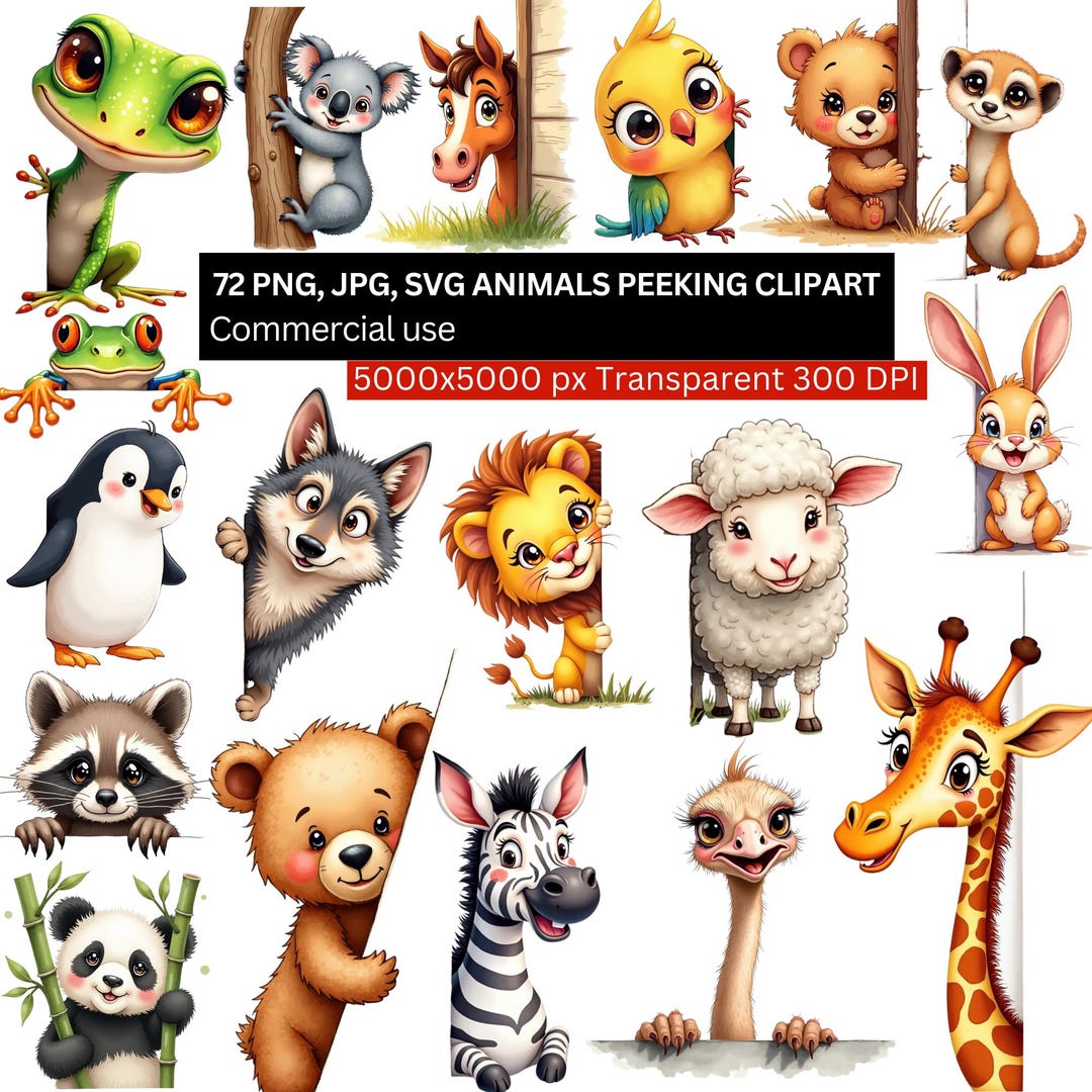 72 Animals Peeking Clipart, Cute Animal PNG JPG SVG, Baby Safari ...