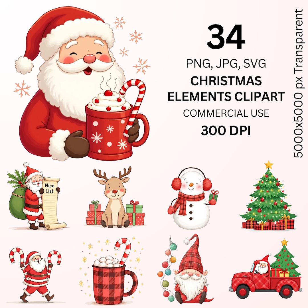 Christmas Elements Clipart Bundle, 34 PNG JPG SVG, Cute Santa Reindeer ...
